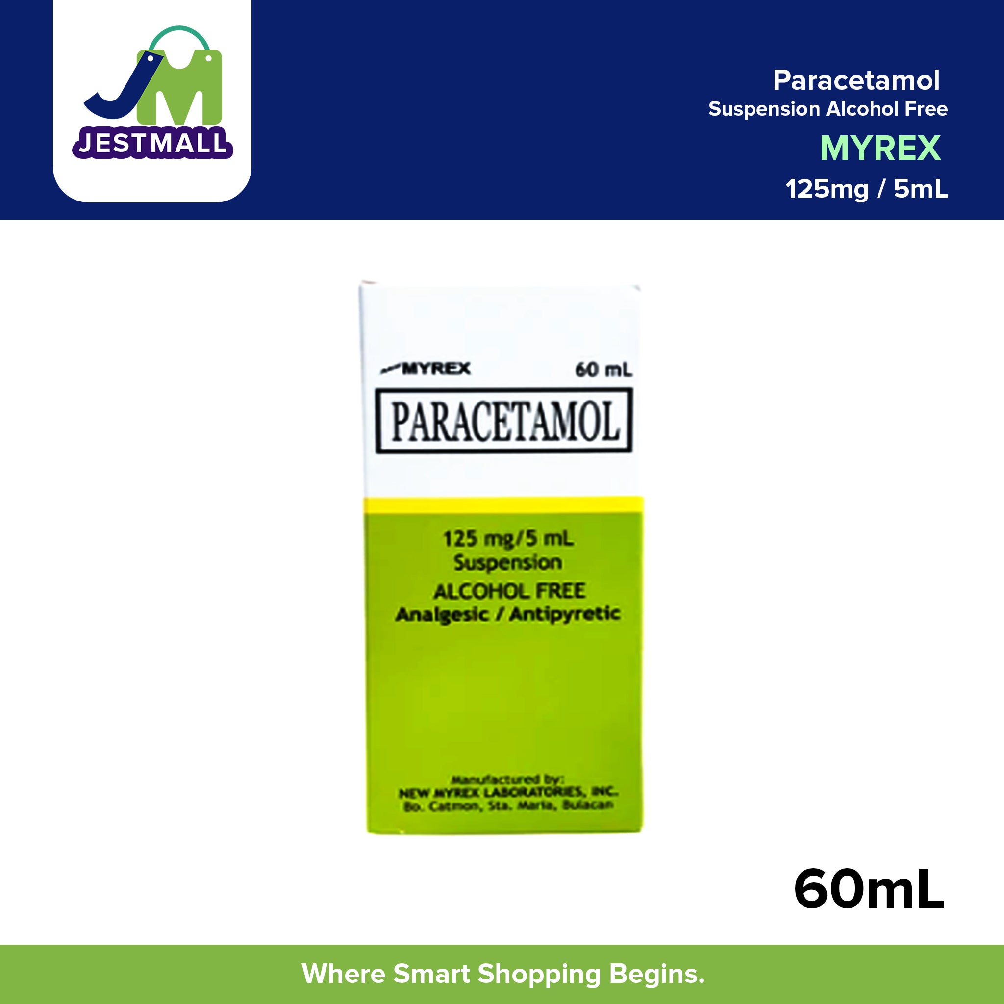 MYREX Paracetamol 125mg/5mL Suspension Alcohol Free 60mL – JestMall