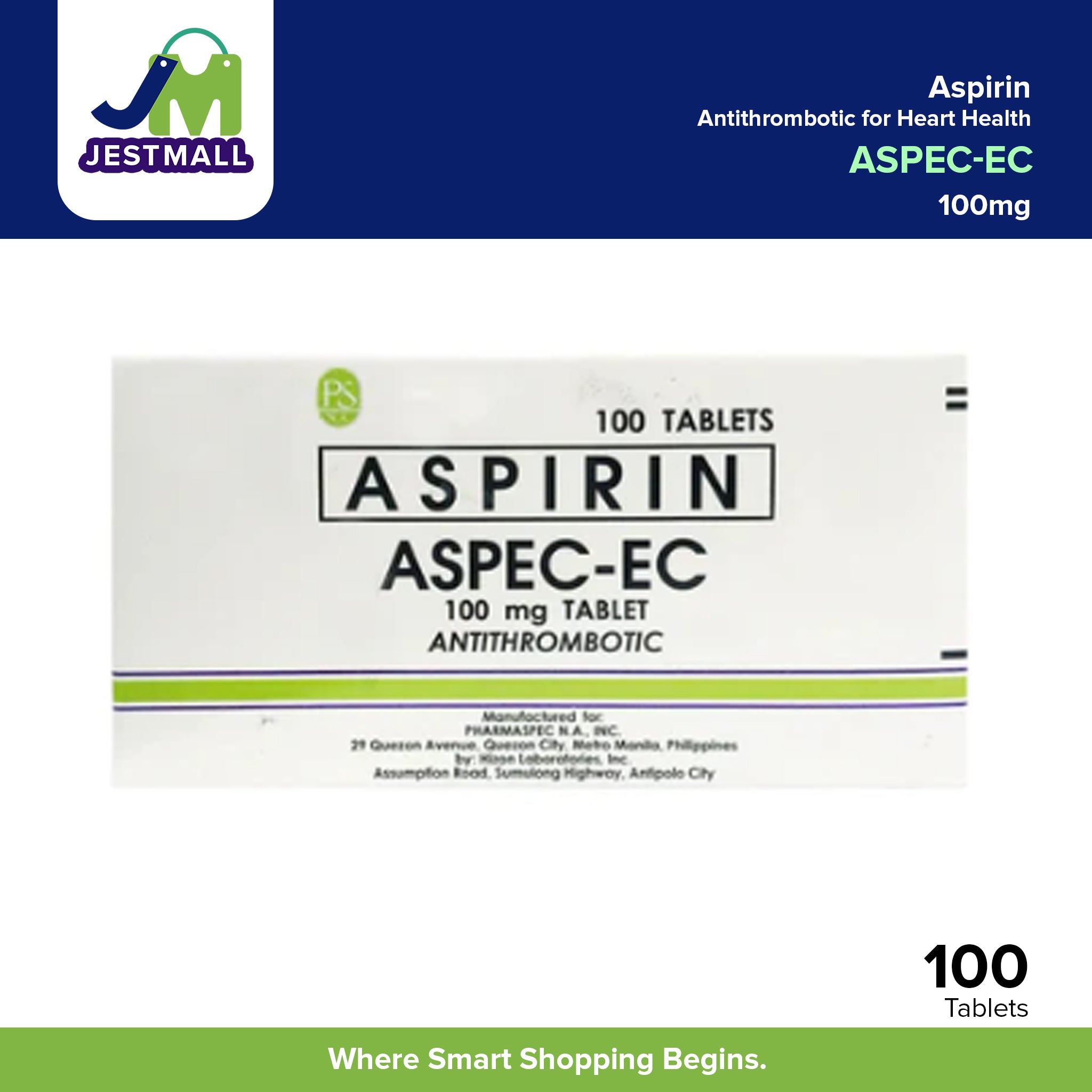ASPEC-EC Aspirin 100mg 100 Tablets Enteric-Coated Antithrombotic for H ...